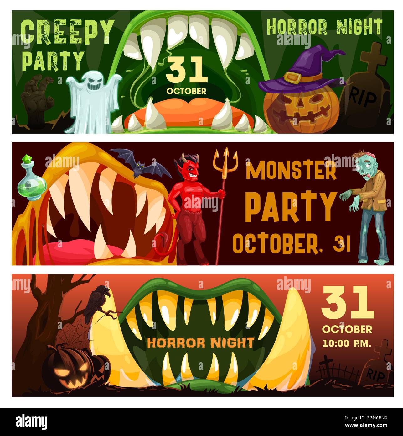 Creepy party, horror night vector flyers with monster mouths and ...