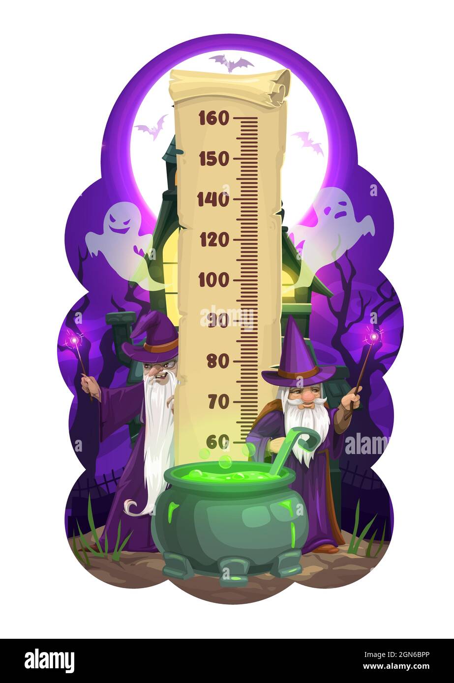 Halloween kids height chart, cartoon wizards and ghosts. Vector growth ...