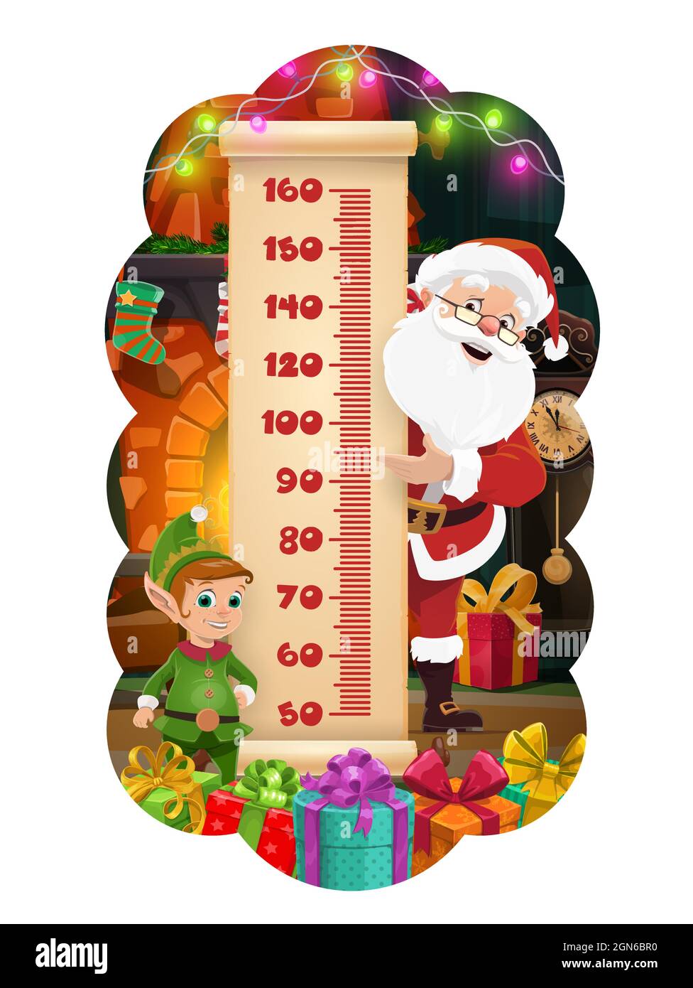 Christmas kids height chart, Santa and elf with gifts growth measure ...