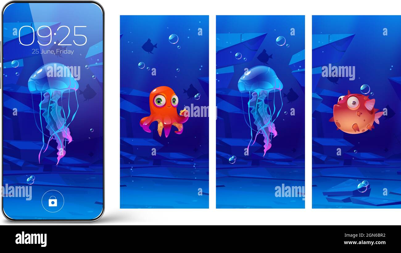 Smartphone lock screens with underwater animals, cartoon onboard pages ...