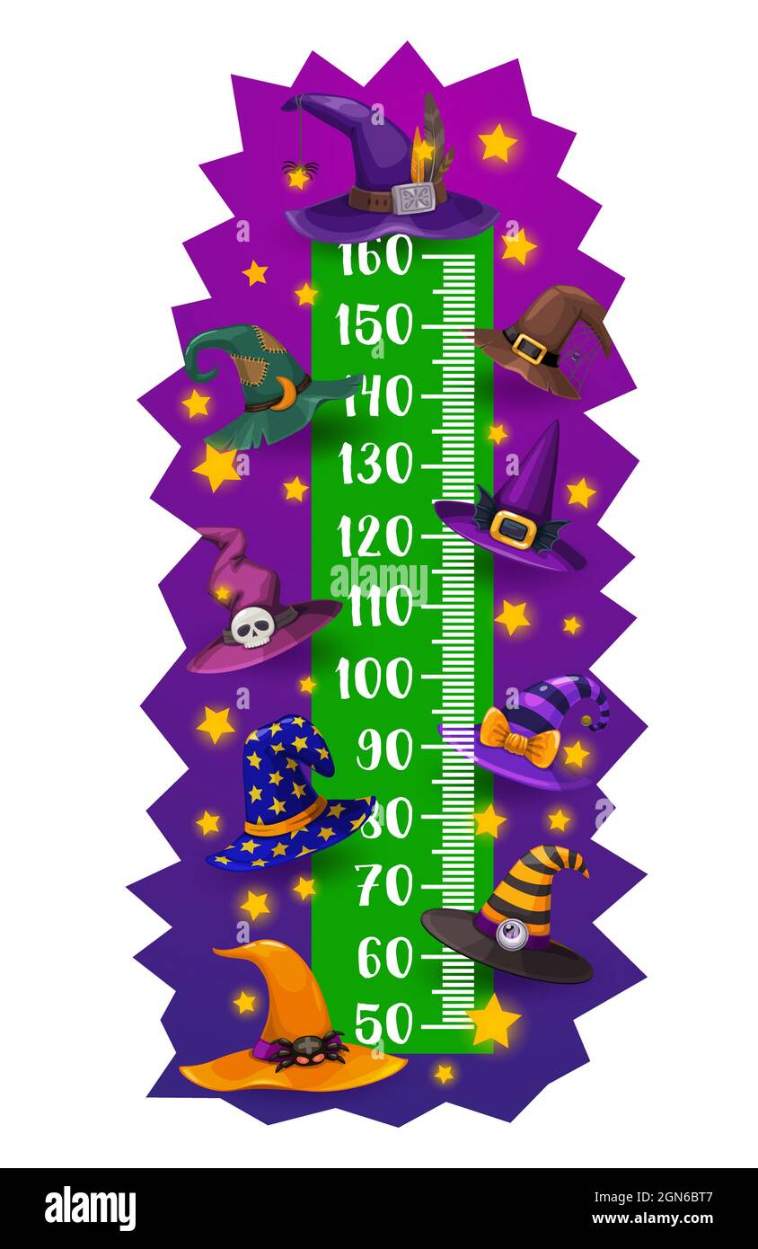 Kids height chart, Halloween witch and wizard hats, vector growth meter ...