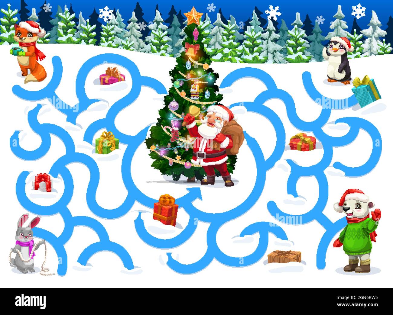 Kids Christmas game with animals cartoon characters. Children find path ...