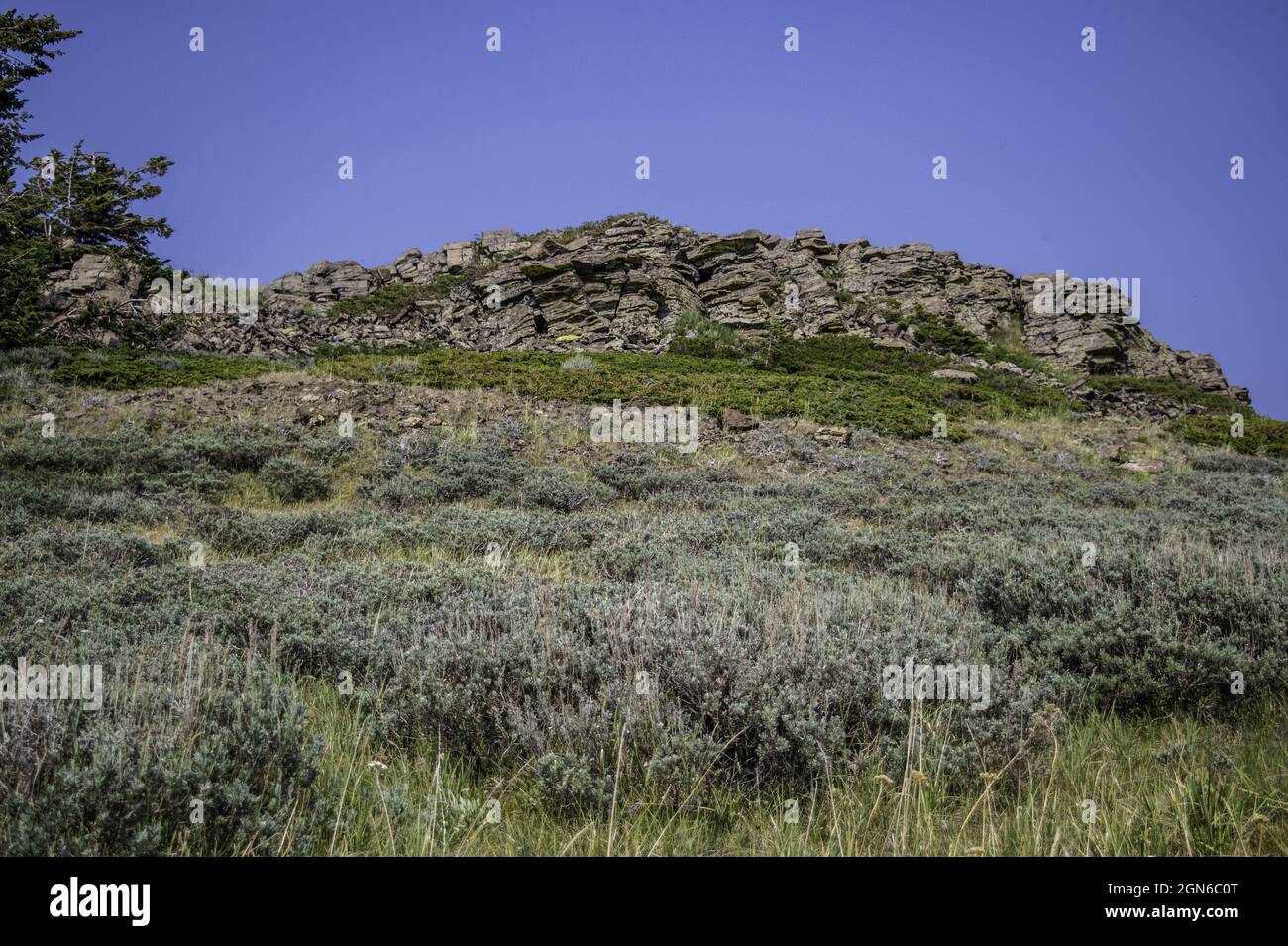 Low angle shot of cliffy landscape with drying grass on a clear sunny d ...
