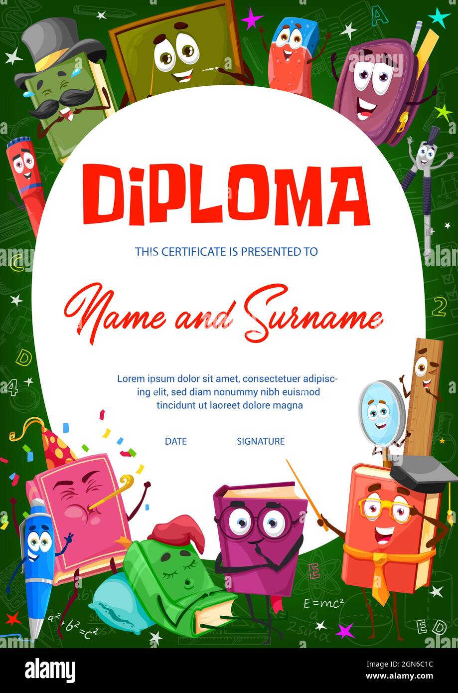 Kids diploma certificate with cartoon books, textbooks and school ...