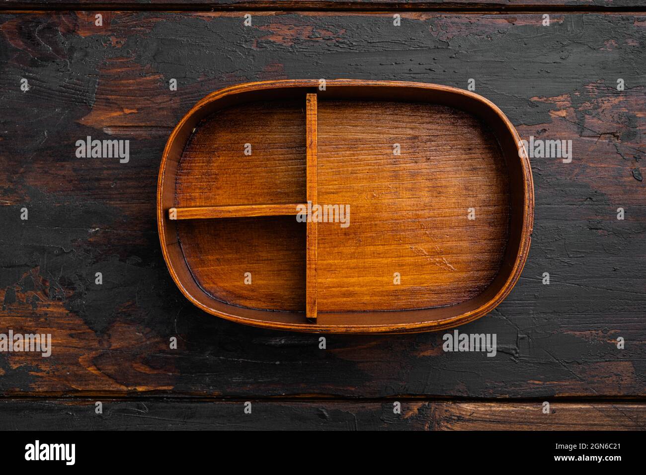 Open wooden bento box set with copy space for text or food with copy ...