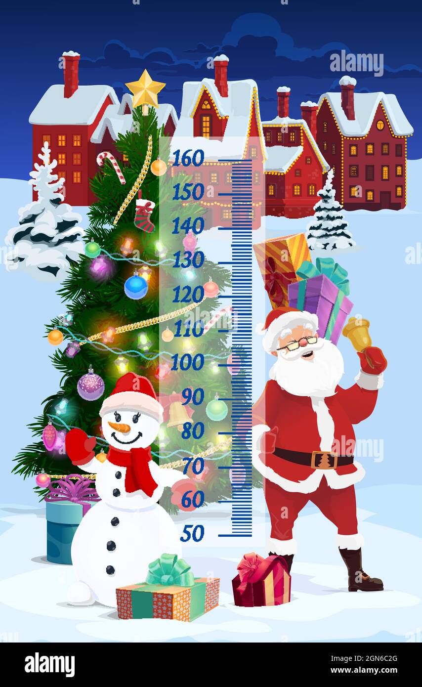 Kids height chart Christmas Santa in winter town growth meter. Vector ...