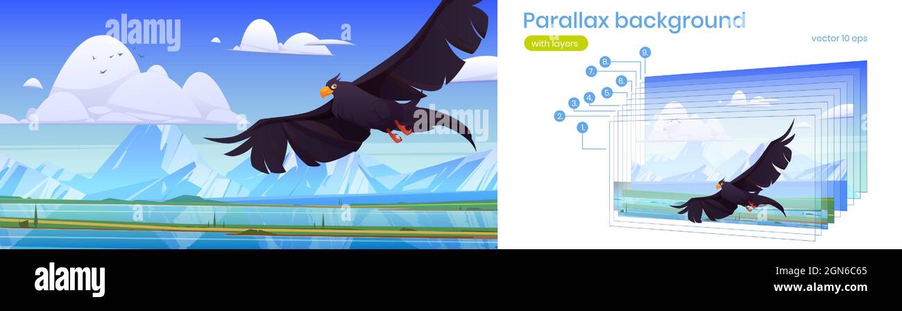 Parallax background black eagle, falcon or hawk flying with outspread ...
