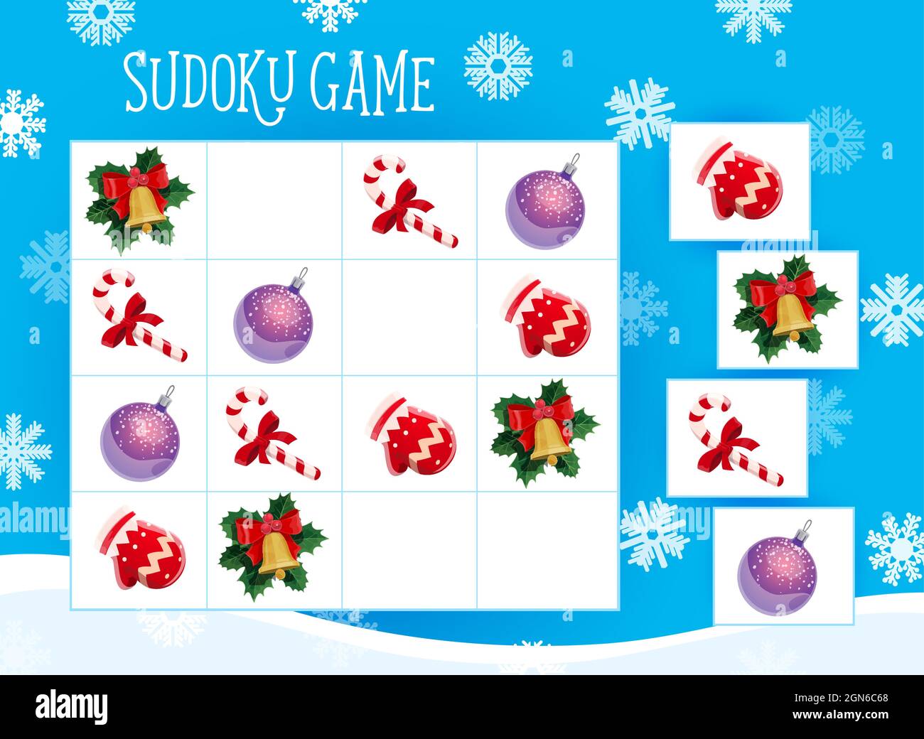 Sudoku game for kids with Christmas tree ornaments. Children logical ...