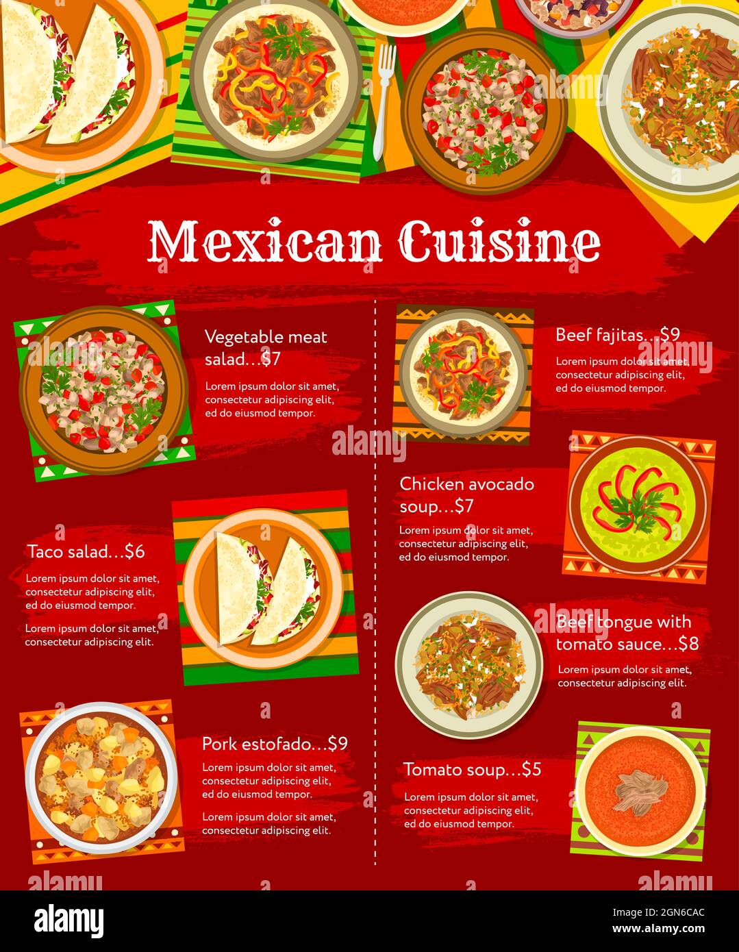 Mexican Food Cuisine Menu Lunch Or Dinner Dishes Vector Restaurant Poster Mexican Cuisine