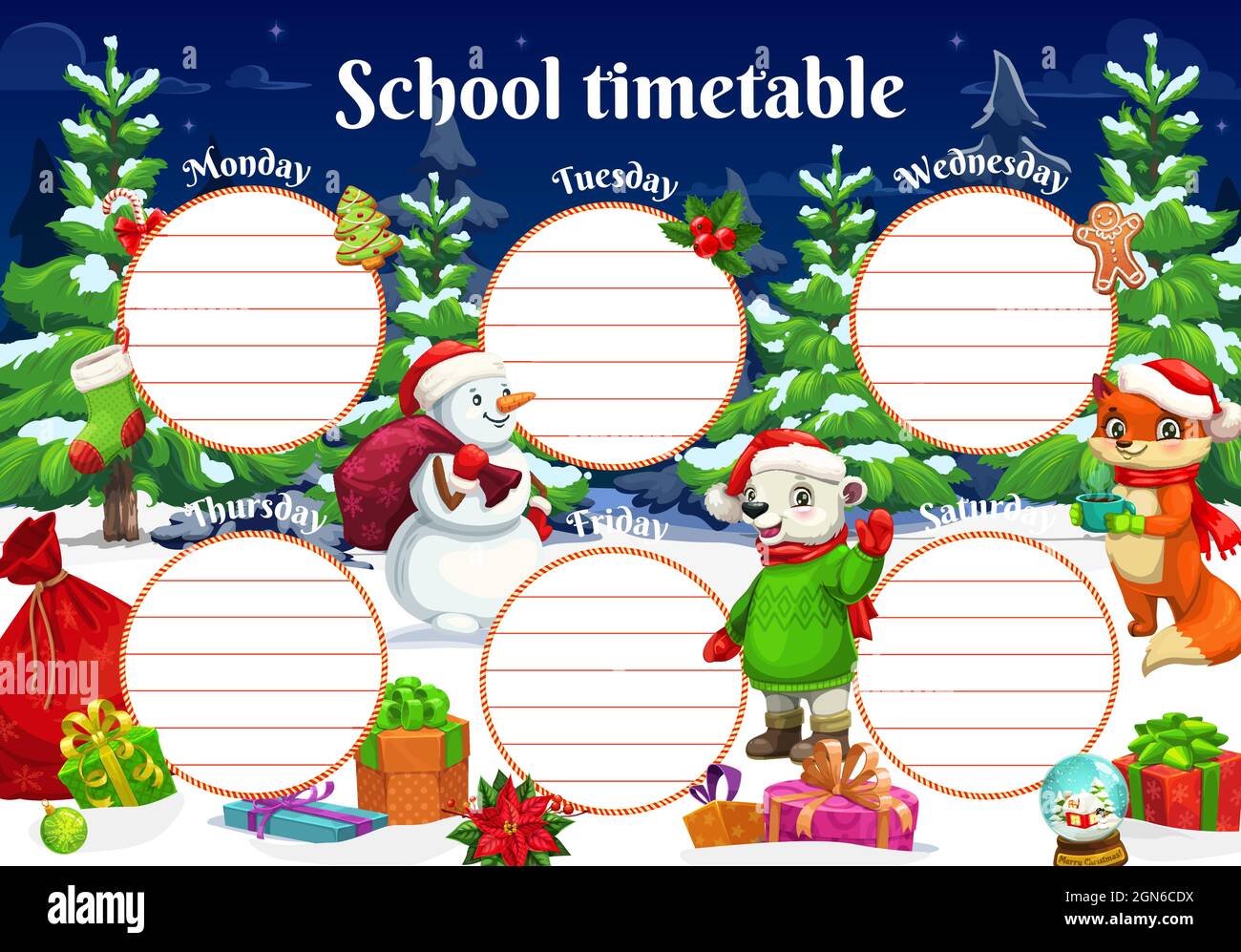 School timetable shedule with Christmas animal characters. Child ...