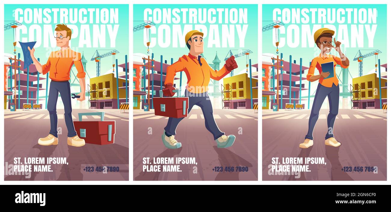 Construction company posters with people in helmet on city street with ...