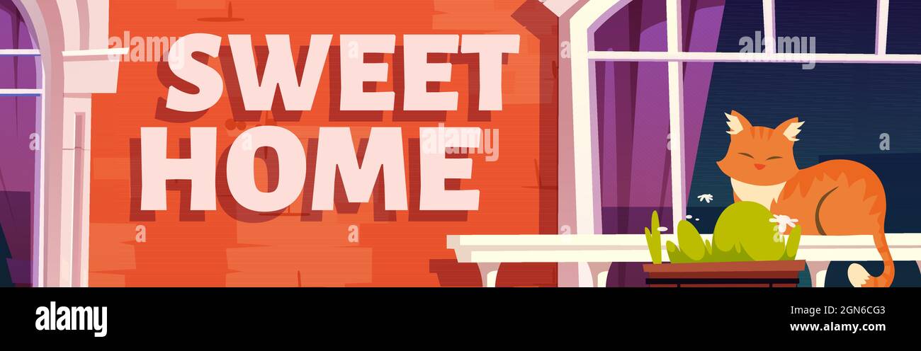 Sweet home poster with vintage balcony on building facade. Vector ...