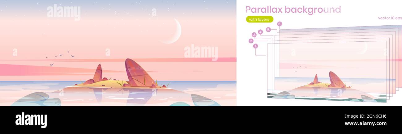 Parallax background sunrise in ocean, pink sky with crescent moon at ...