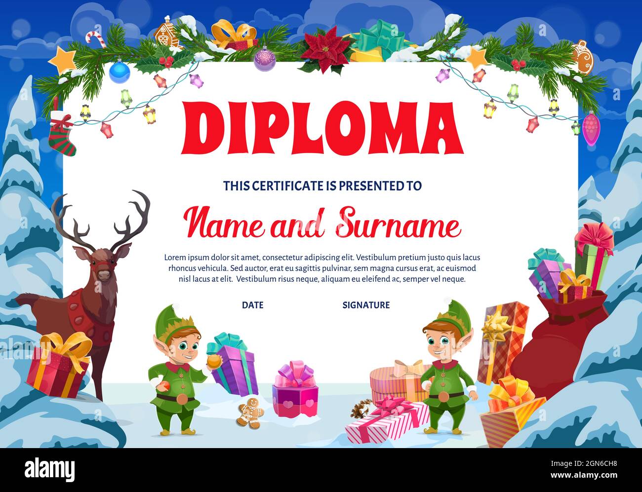 Kids Christmas diploma, kindergarten certificate. Child graduation ...