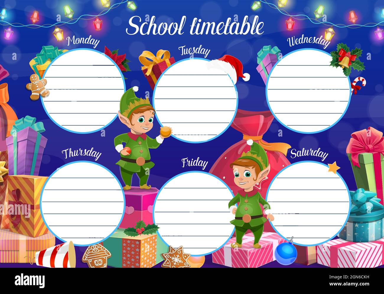 Child school timetable with Christmas elfs and gifts. Kid education ...