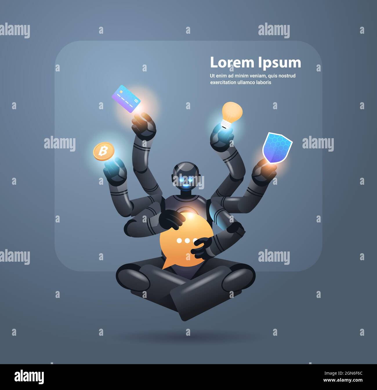modern robot with many hands multitasking robotic character artificial intelligence concept ...