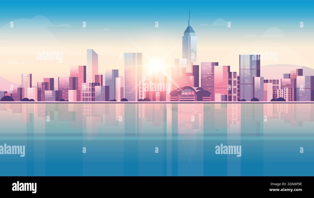 city buildings skyline modern architecture sunset cityscape background ...