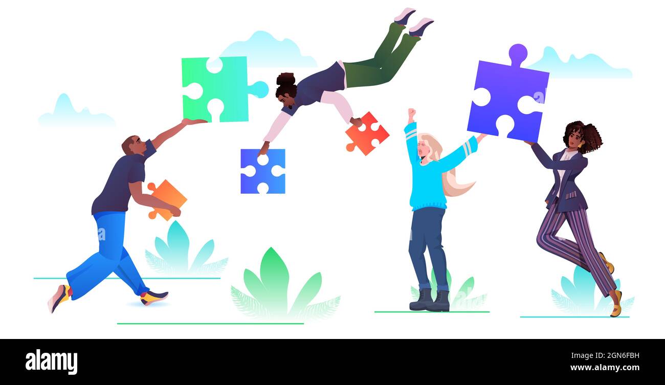 mix race businesspeople team putting parts of puzzle together problem ...