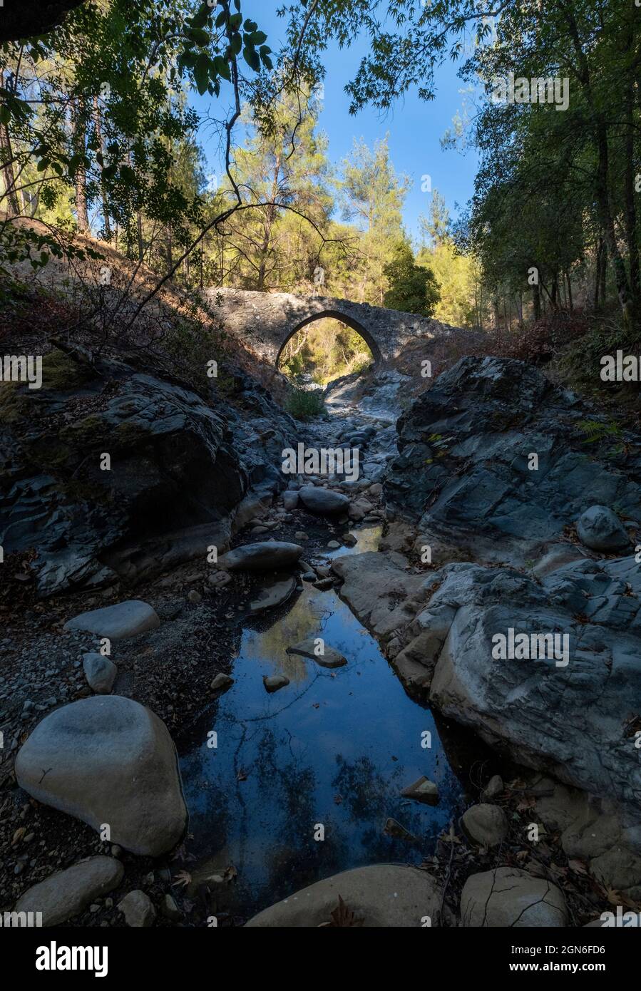 The Elia medieval Venetian bridge which spans the Diarizos River in ...