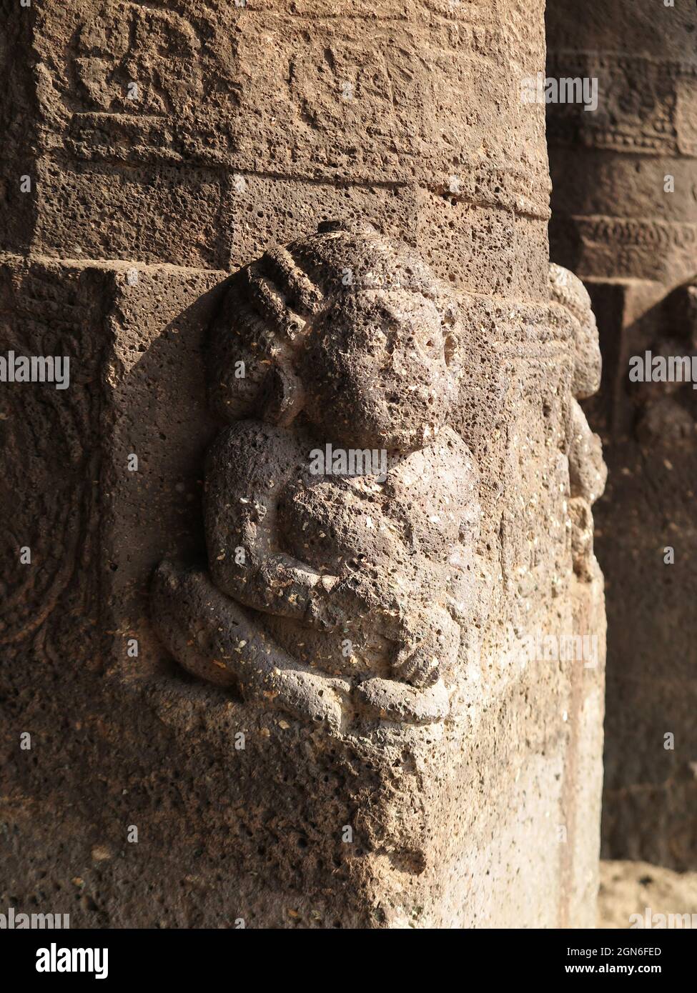 Detail of pillar base, along verandah of Cave 1, a 7th century vihara ...