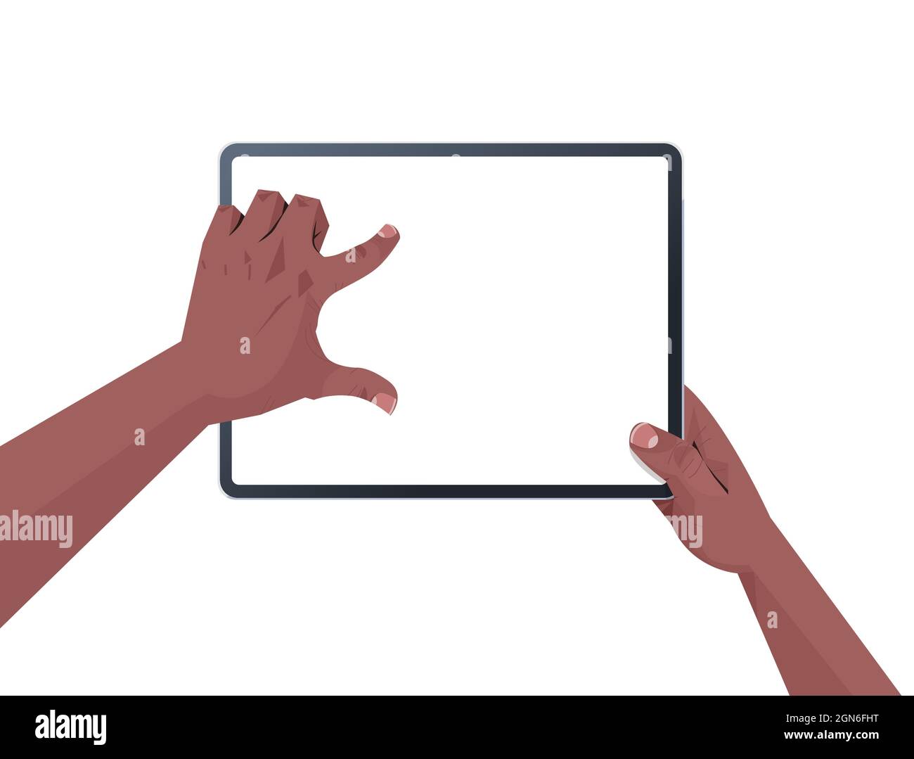 african american human hands holding tablet pc with blank touch screen ...