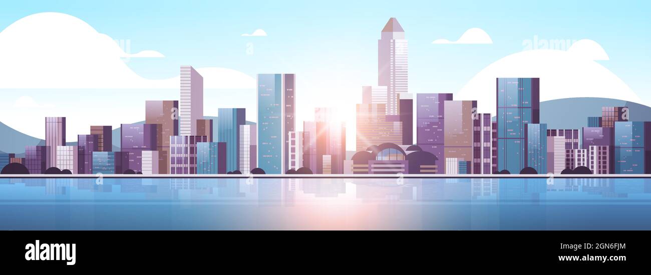 city buildings skyline modern architecture sunset cityscape background ...