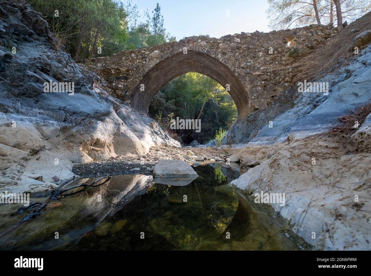 The Elia medieval Venetian bridge which spans the Diarizos River in ...