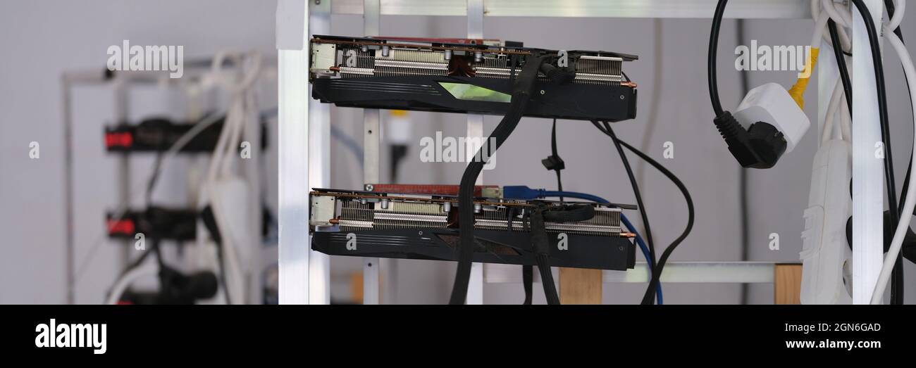 Many video cards are assembled into mining farm for cryptocurrency ...