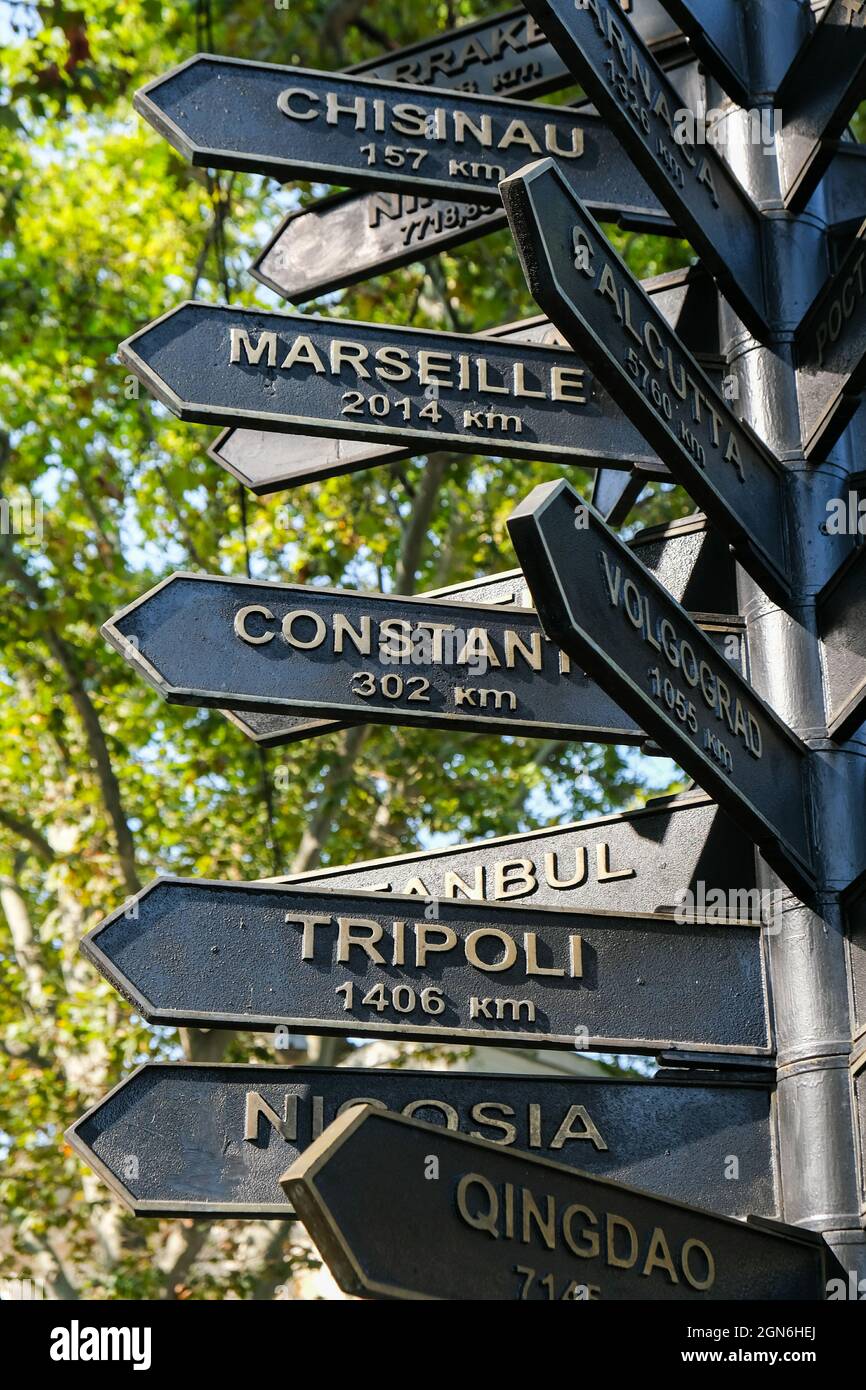 Direction street sign showing distance between cities in Odessa Ukraine ...