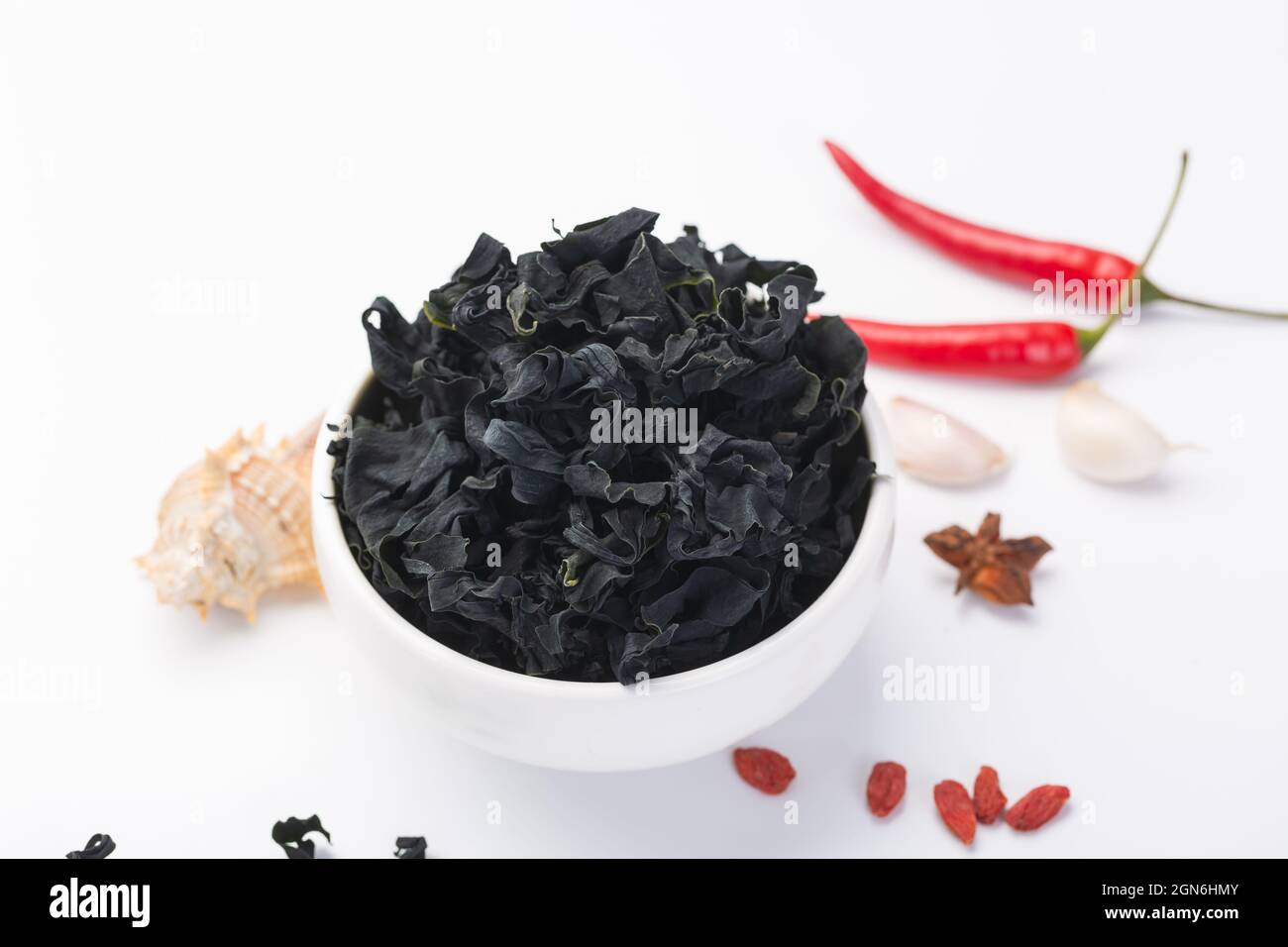 Dehydrated Sea mustard on white background，Undaria pinnatifida Suringar ...