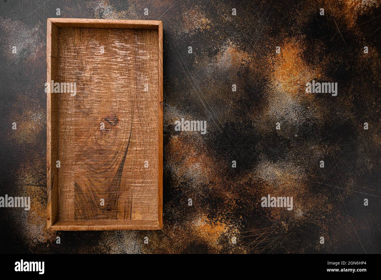 Empty dark wooden box set with copy space for text or food, top view ...