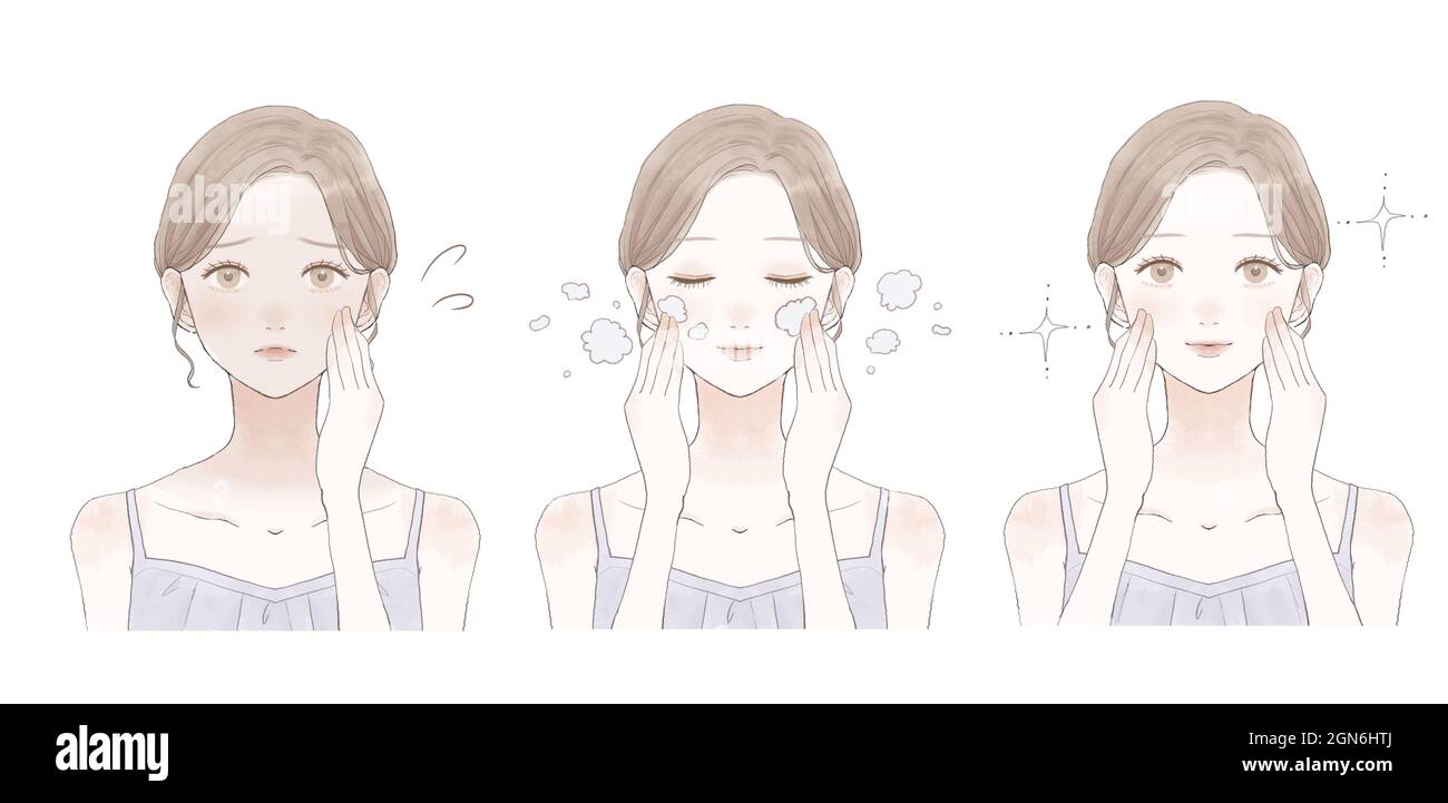 Before and after of women suffering from dull skin. On white background ...
