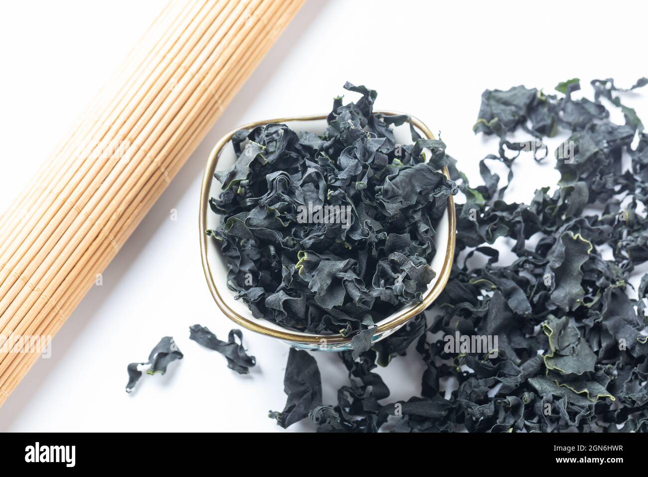 Dehydrated Sea mustard on white background，Undaria pinnatifida Suringar ...