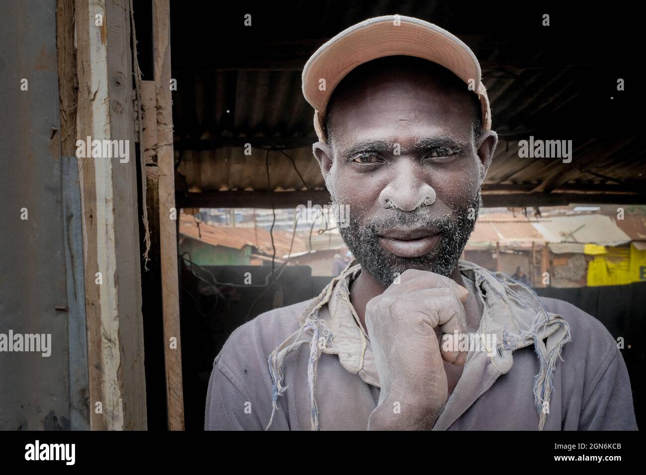 Nairobi, Kenya. 22nd Sep, 2021. A portrait of Robert Otieno (35) at their bone craft workshop in ...