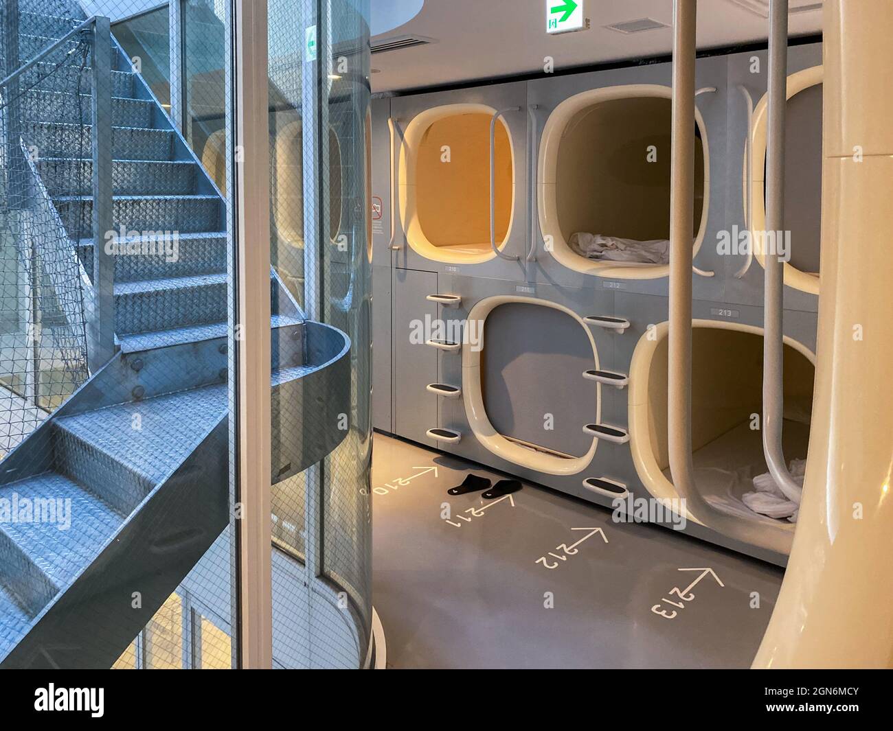 Tokyo, Japan - 20 November 2019: Interior view of Capsule Hotel 9h ...