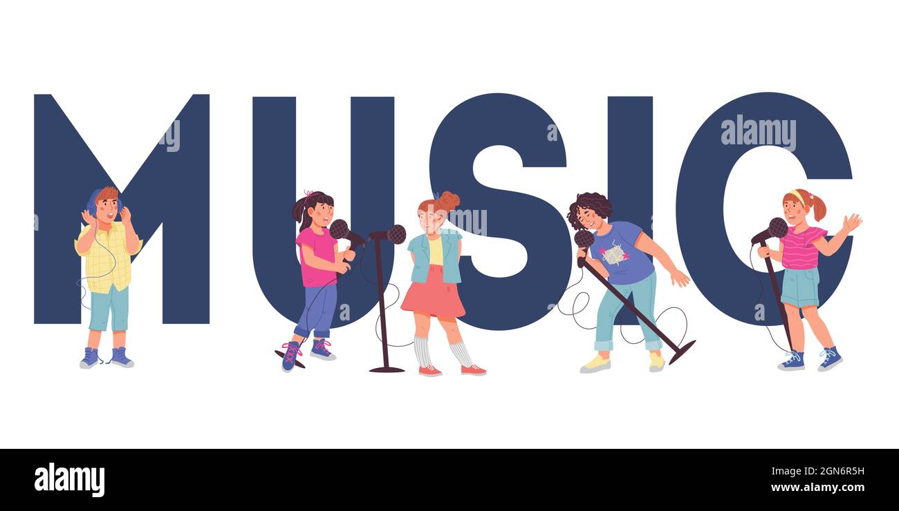 Music huge word with children playing Musical Instruments, flat vector ...
