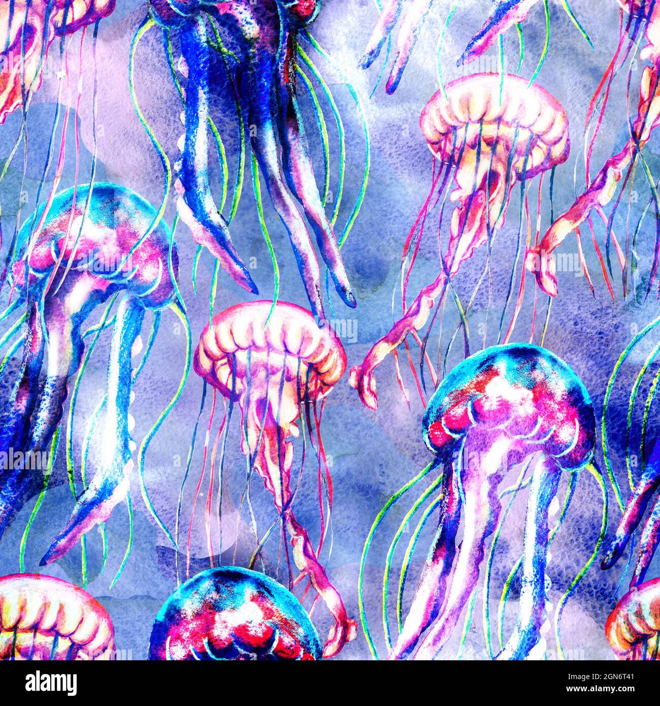 Watercolor jellyfish and algae seamless pattern, rainbow digital paper ...