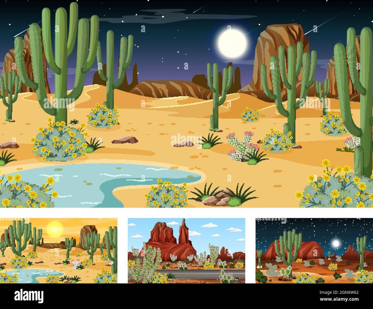 Different desert forest scenes with animals and plants illustration ...