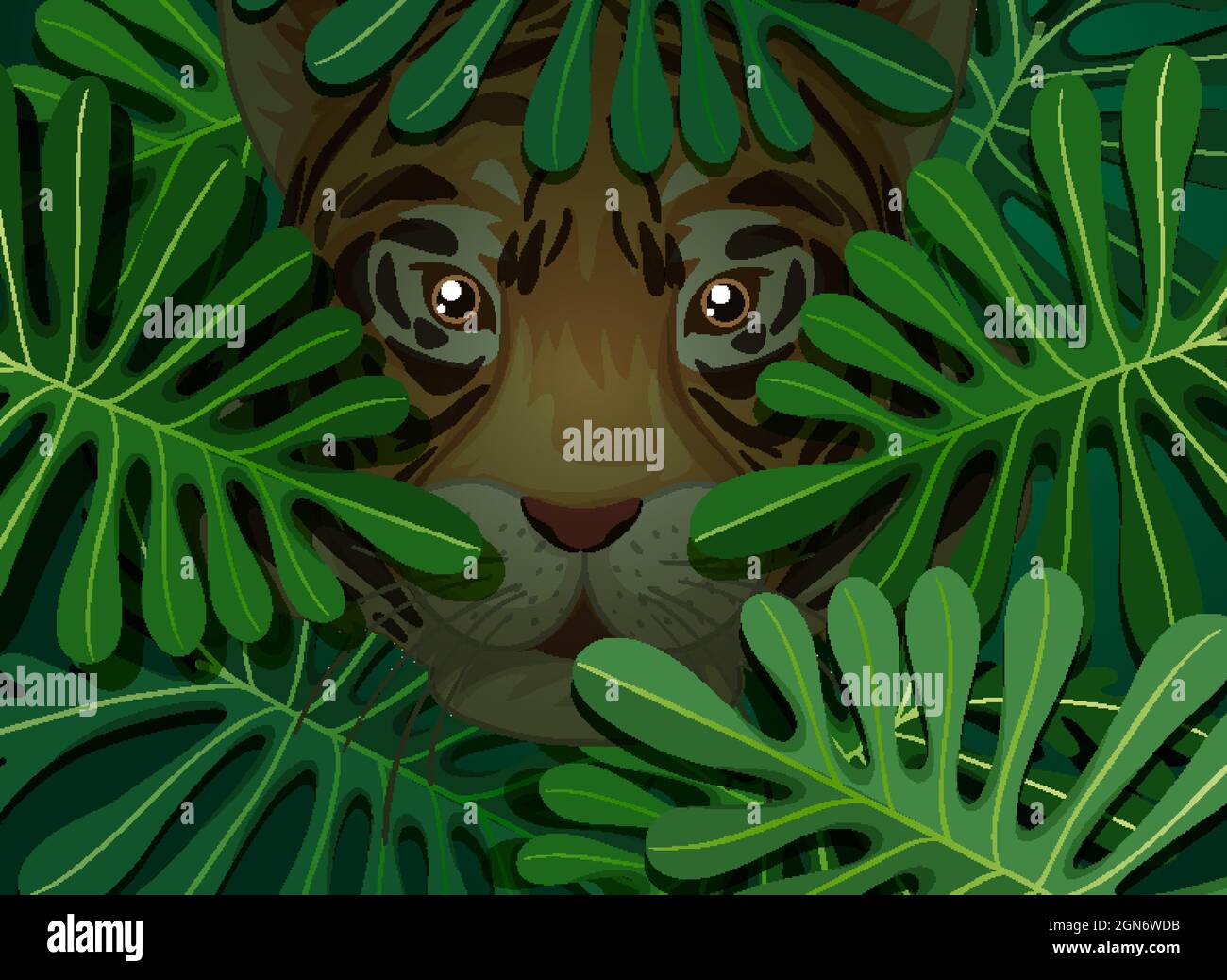 Tiger hidden in the tropical leaves background illustration Stock ...