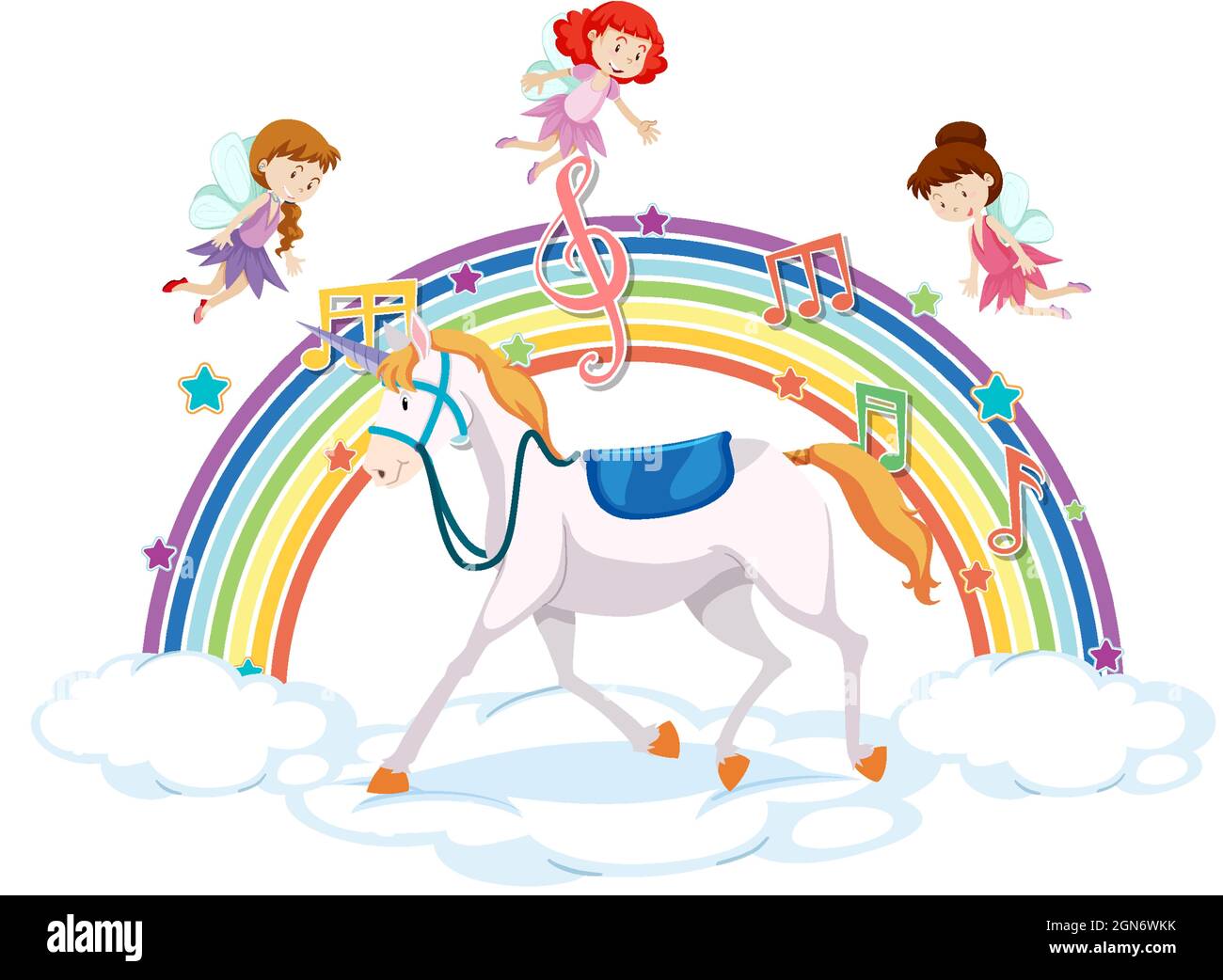 Unicorn and many fairies on the cloud with rainbow illustration Stock ...