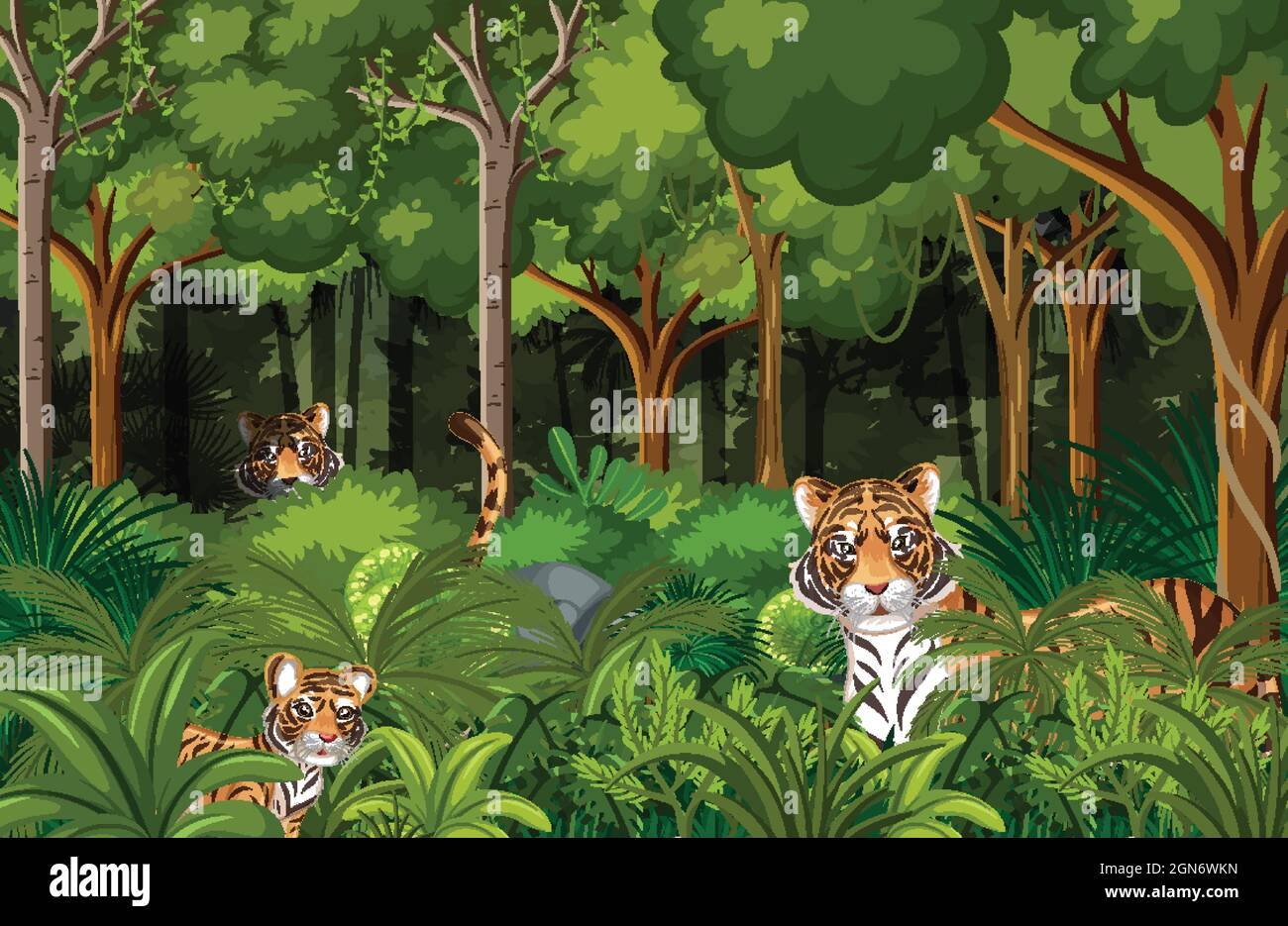 Tigers hidden in tropical forest background illustration Stock Vector ...