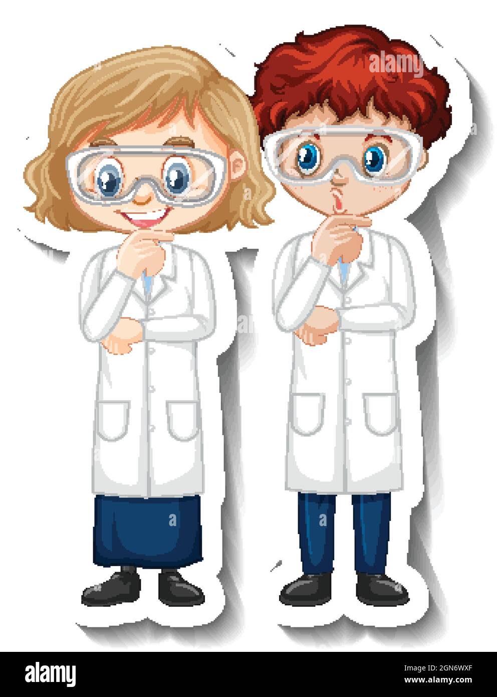Cartoon character sticker with couple scientists in science gown ...