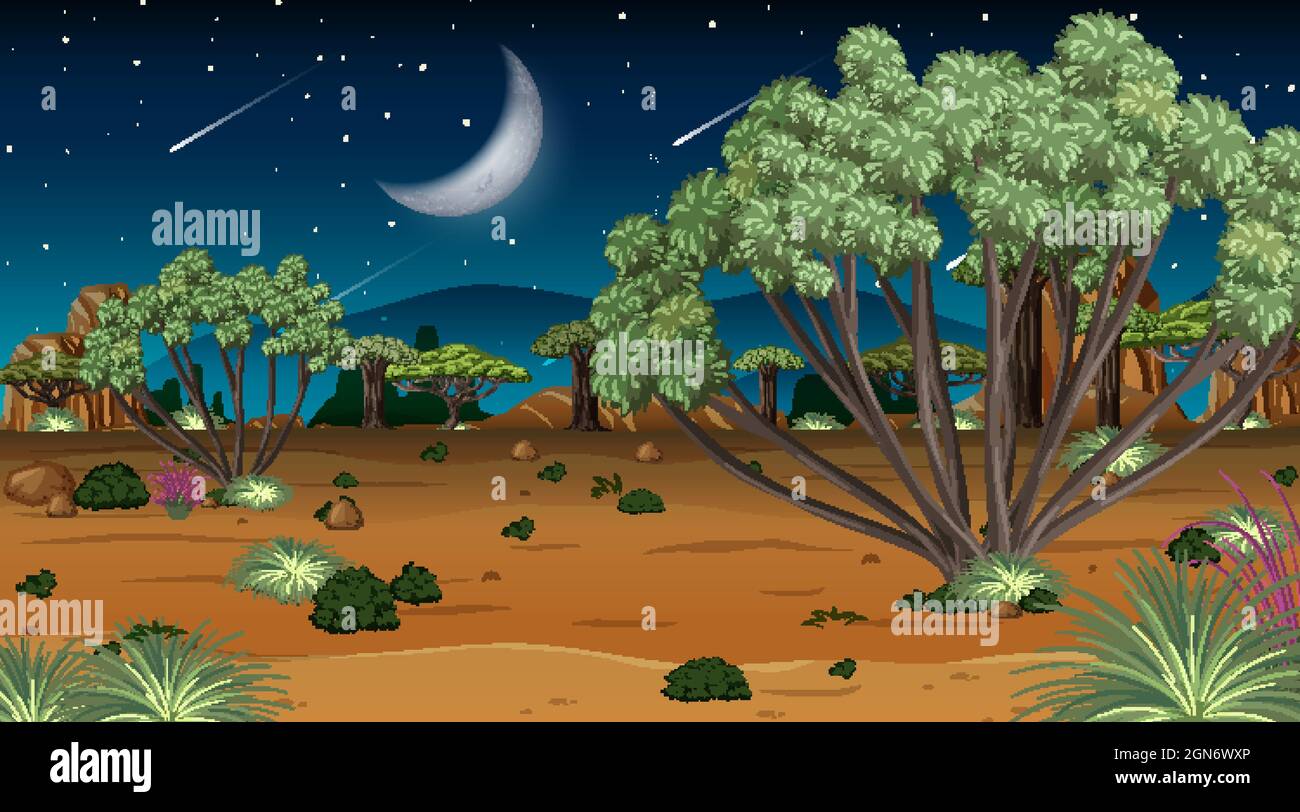 African Savanna forest landscape scene at night illustration Stock ...