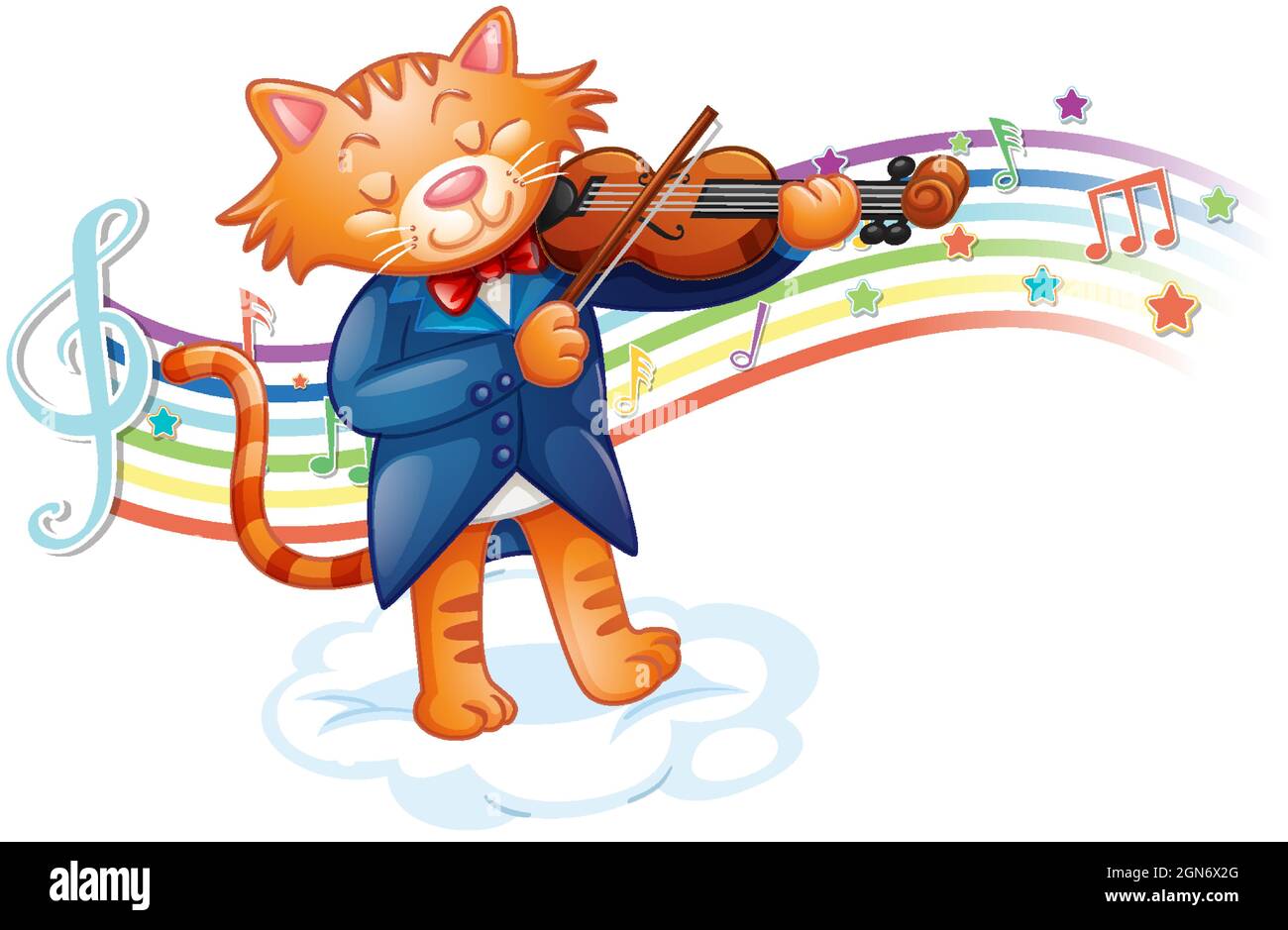 Cat playing violin with melody symbols on rainbow wave illustration ...