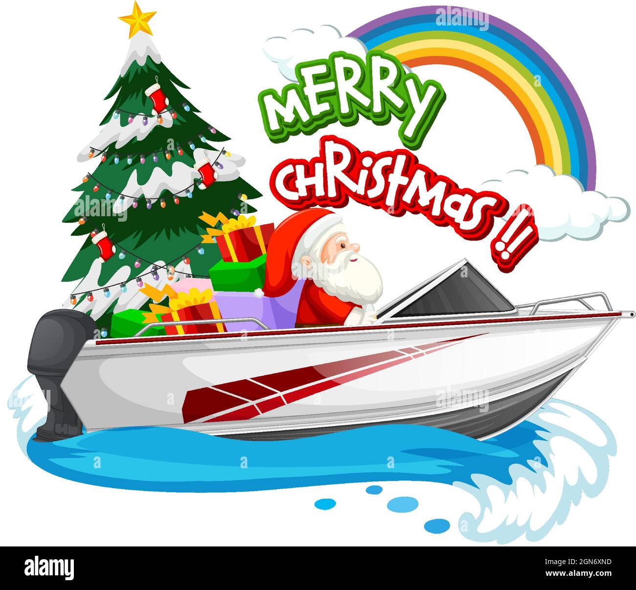 Santa Claus driving speed boat with merry christmas object illustration ...