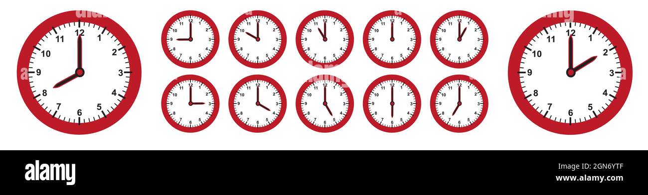 Collection, set with clocks with different time in white and red ...