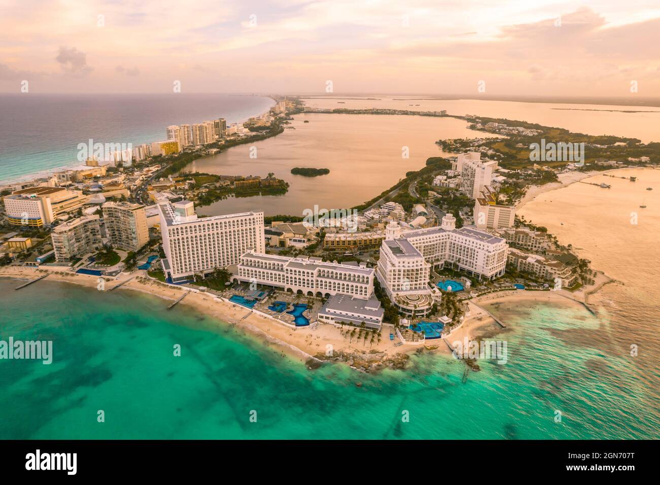 Aerial panoramic view of Cancun beach and city hotel zone in Mexico at ...