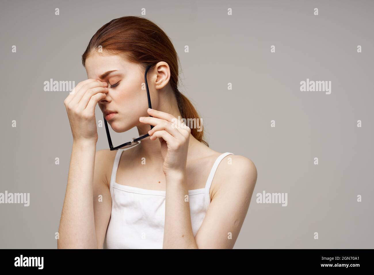 woman poor eyesight health problems negative light background Stock ...