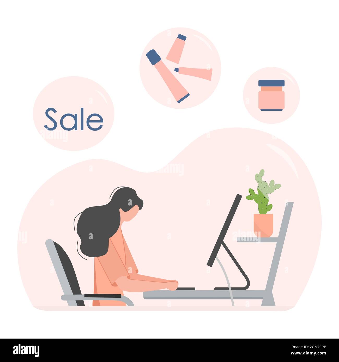 Vector illustration Girl at computer makes an order and purchases of ...