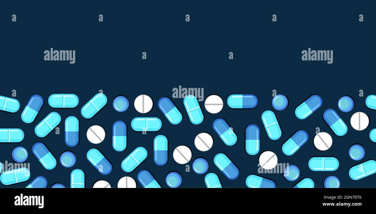 Medicines. Seamless illustration with pills and capsules. Close up ...